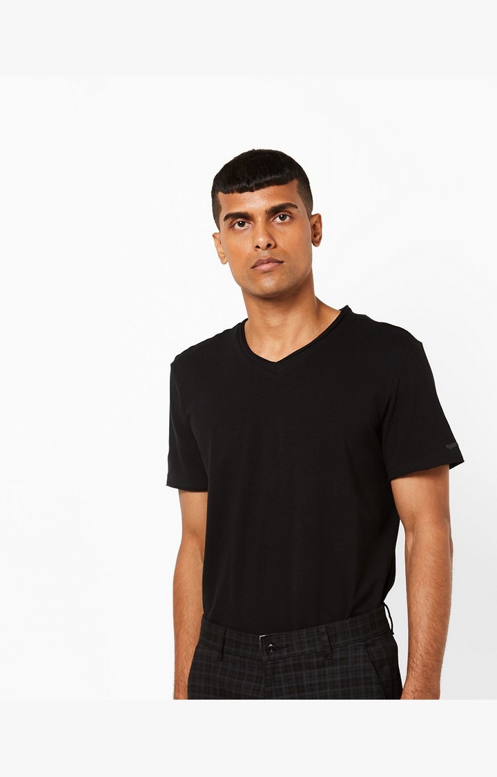 Scuba V Basic Solid V Neck Black T Shirt