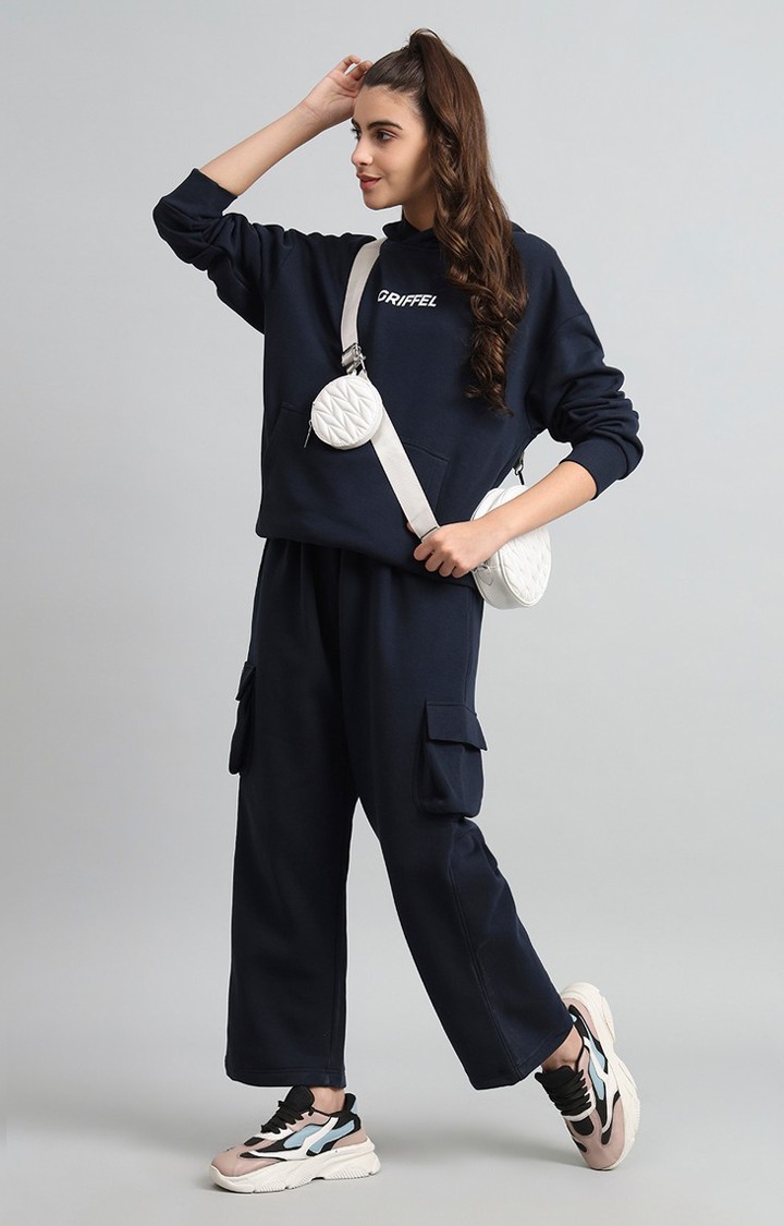 Women's Oversized Fit Front Logo Cotton Fleece Navy Fleece Tracksuit