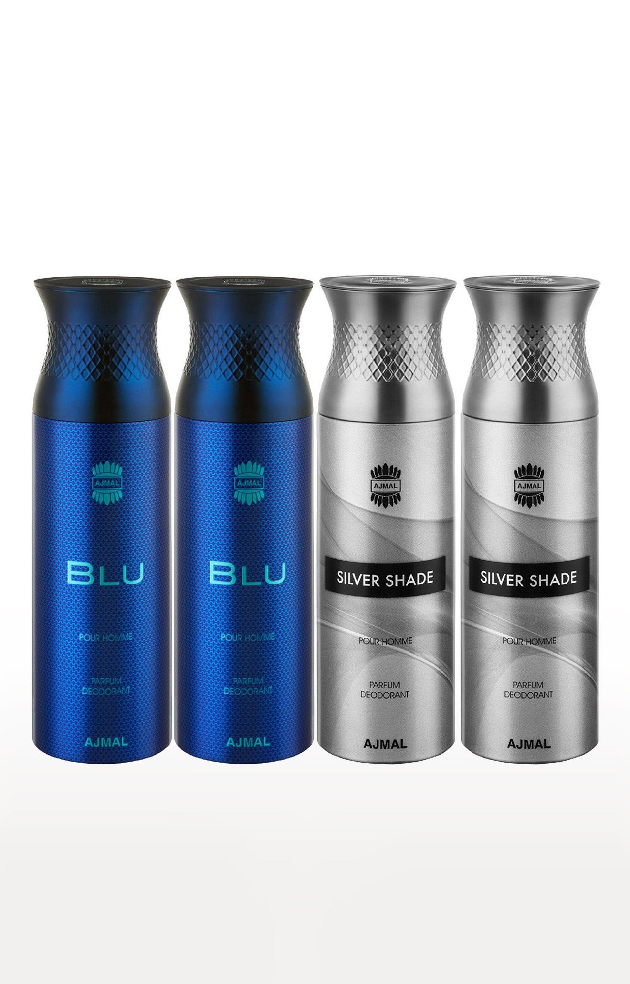 Ajmal 2 Blu & 2 Silver Shade Deodorant Spray- For Men (200 ml, Pack of 4)