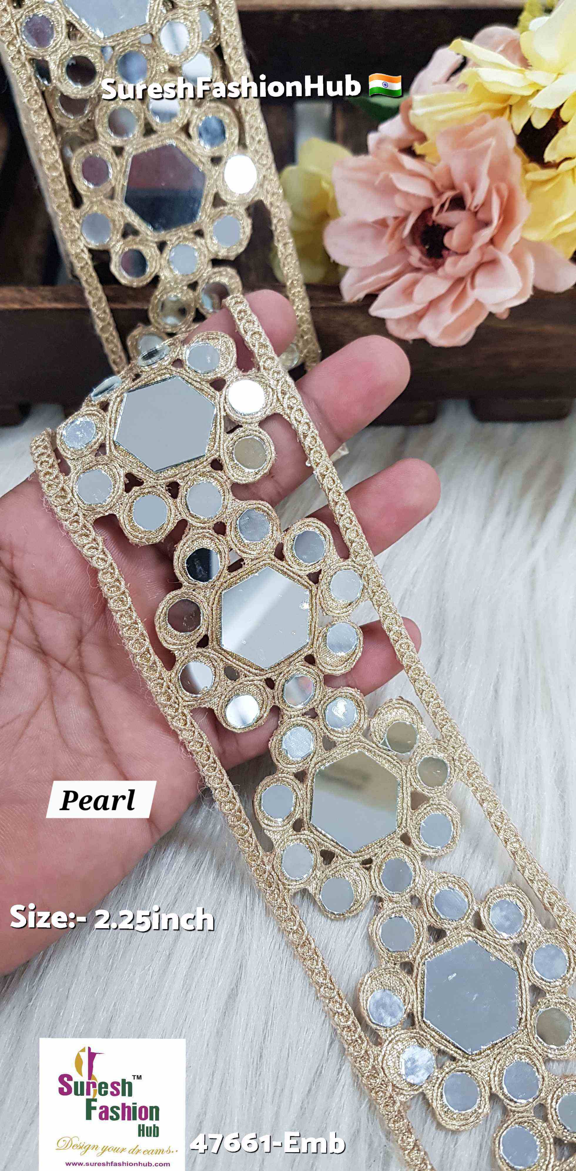 Pearl Hexagon Butta Mirror Lace - Premium Fabric with Geometric Mirrors
