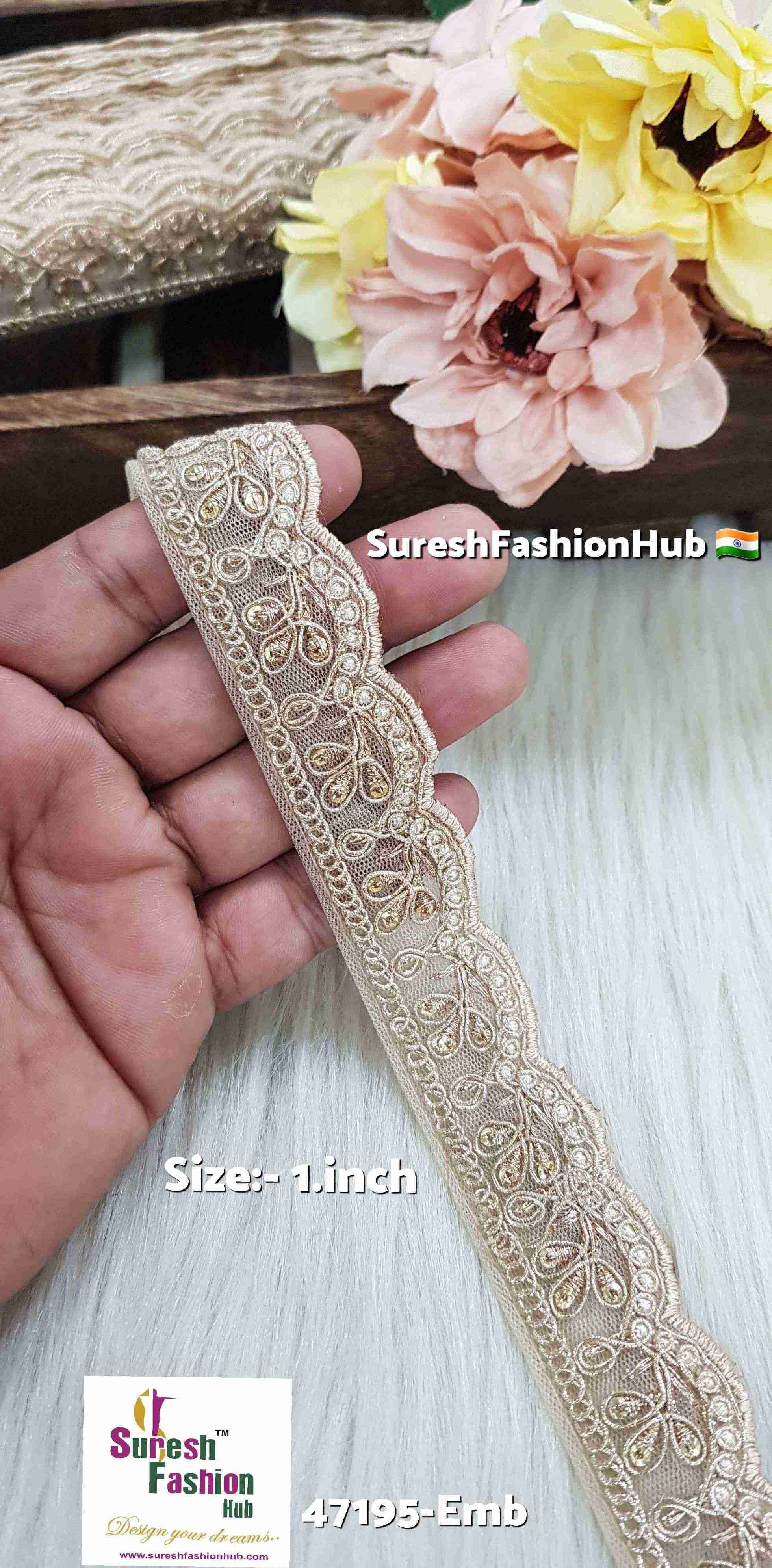 Beige Scalloped Pearl Embroidery Lace