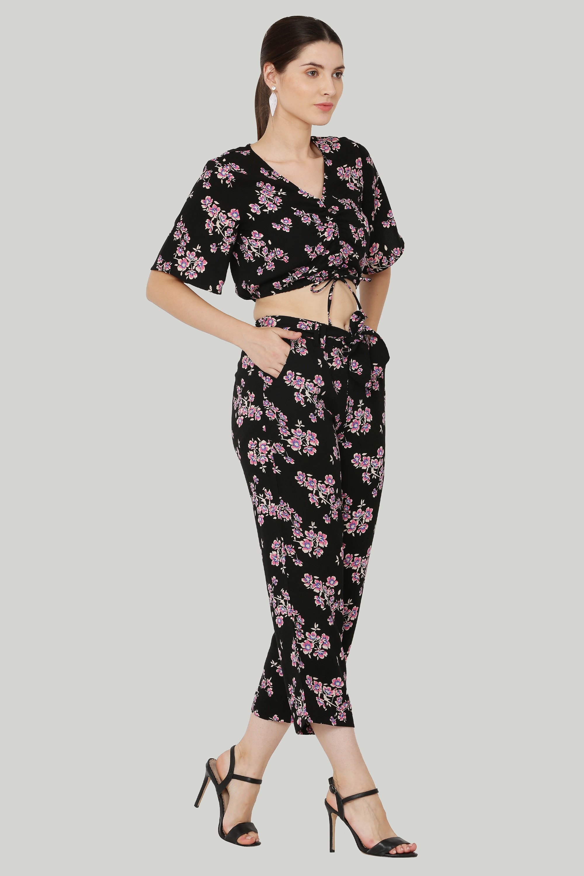 ANKLES Black Floral Women Co-ords Set
