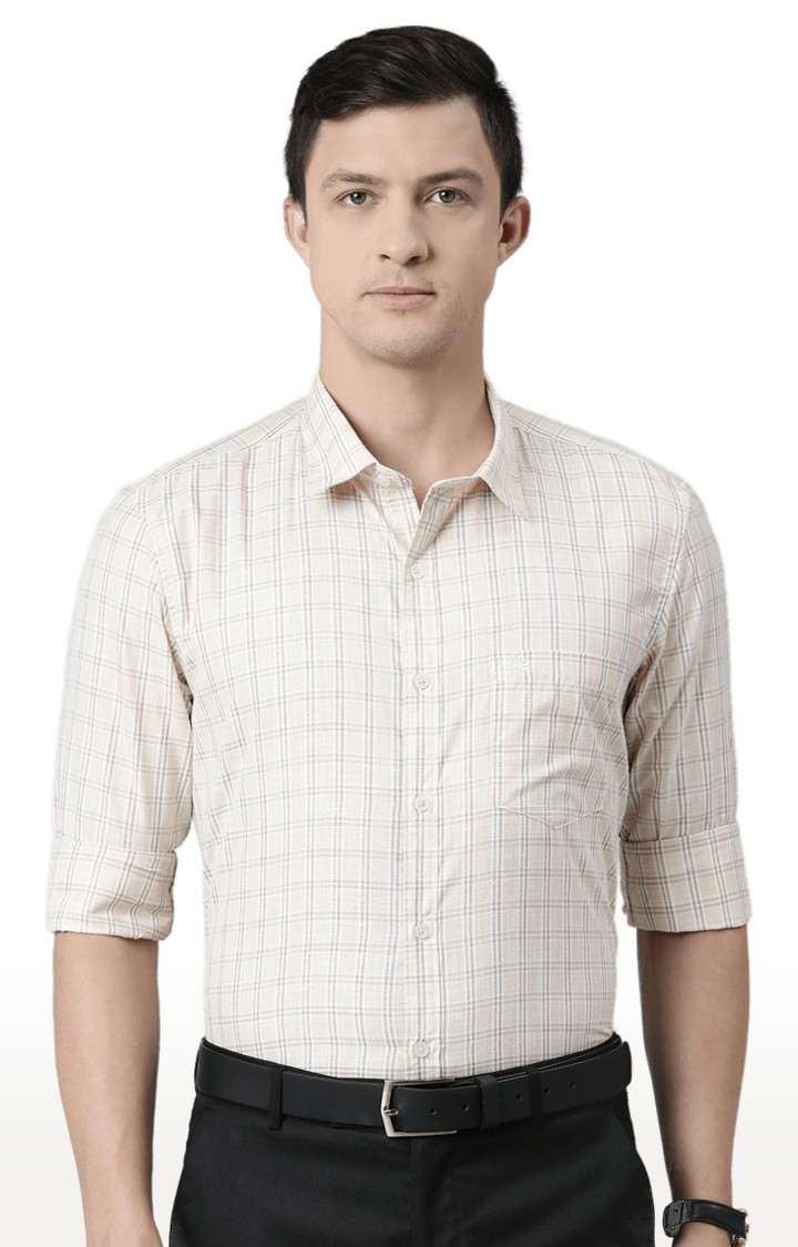 Men's Beige Cotton Checked Formal Shirt