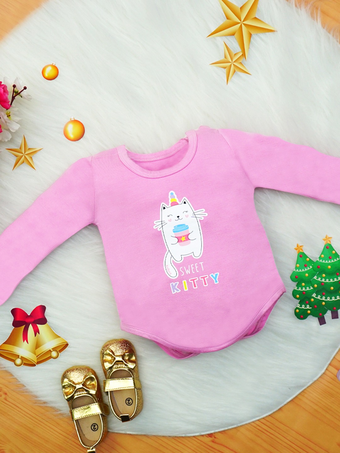 Kidbea New Born Baby Pink Onsies for Girl-Kitty
