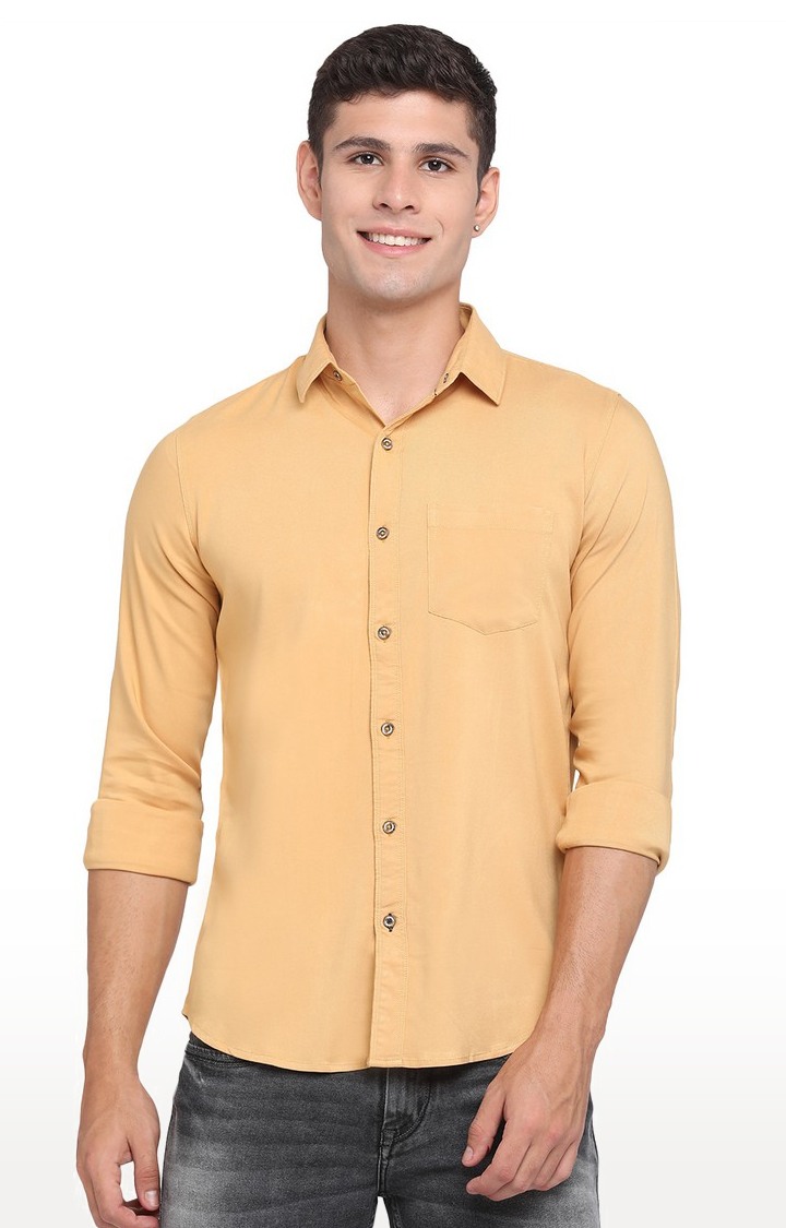 JBS-PL-917C BUFF YELLOW Men's Yellow Cotton Solid Semi Casual Shirts
