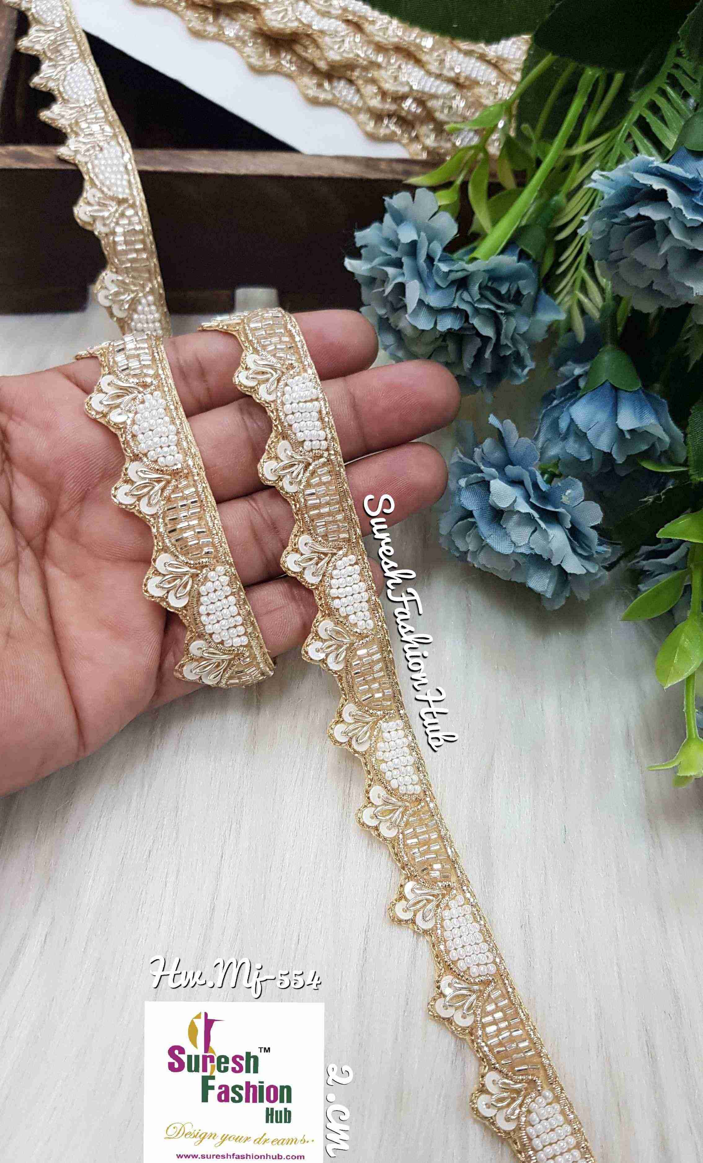 Lustrous Cutdana With White Beadwork Handmade Design Trim