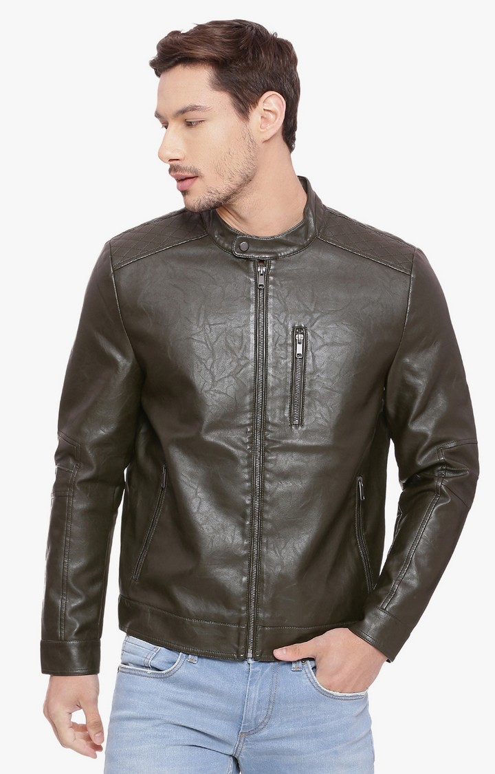 Men's Green Rayon Blend Solid Leather Jackets