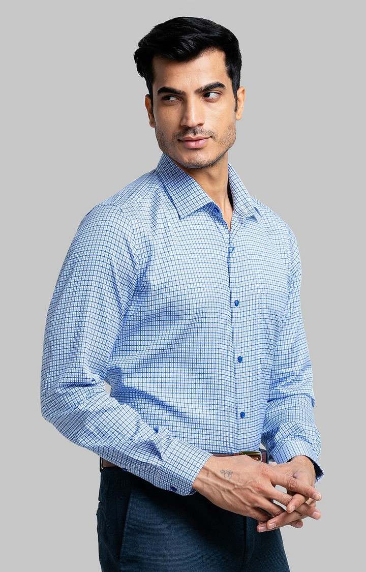 Raymond Blue Solid Contemporary Fit Formal Shirts For Men