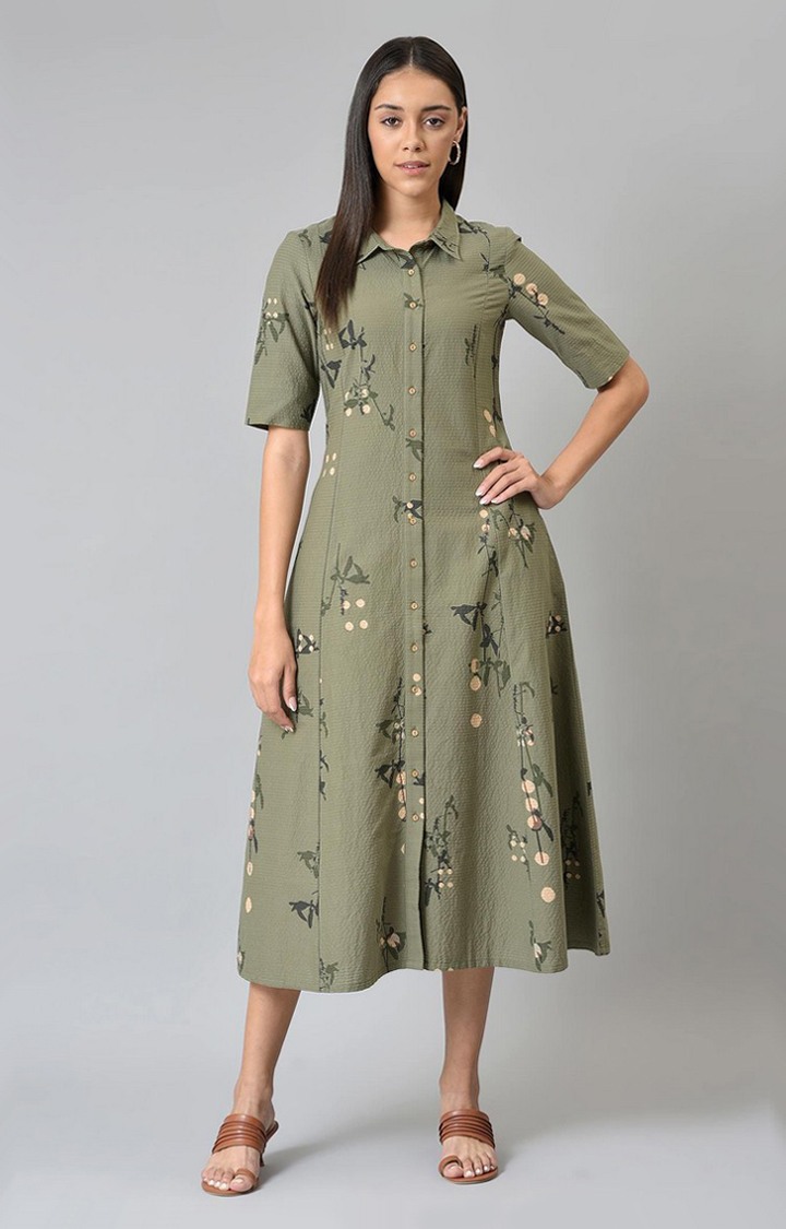 Women's Green Cotton Shirt Dress