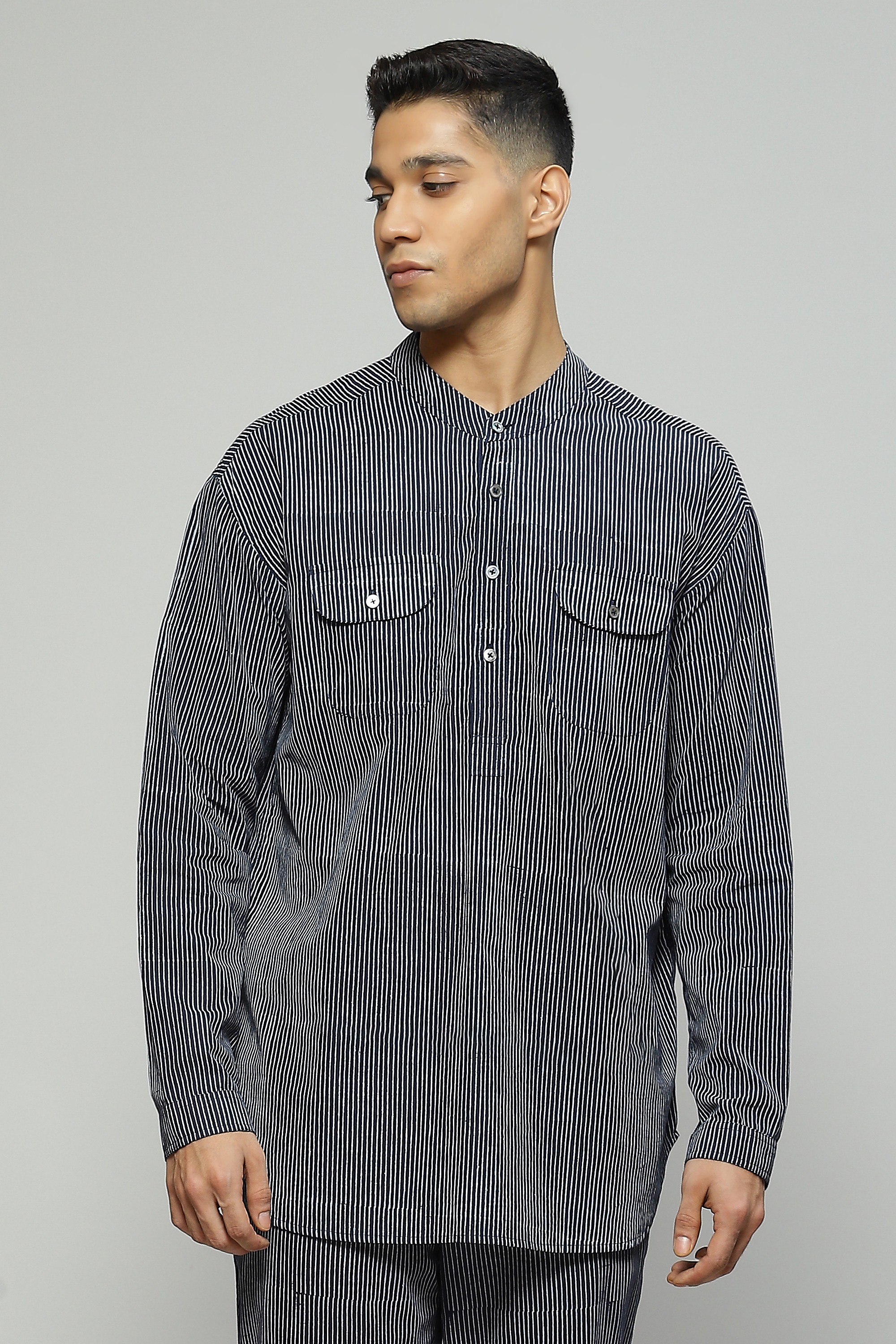 Block printed pinstripe Shirt Kurta | Abraham & Thakore