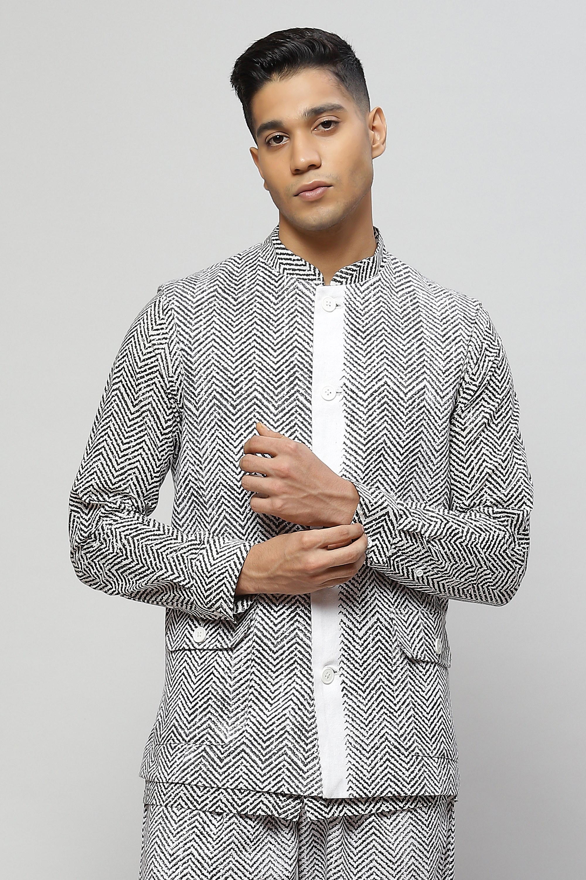 Block Printed Herringbone Jacket | Abraham & Thakore