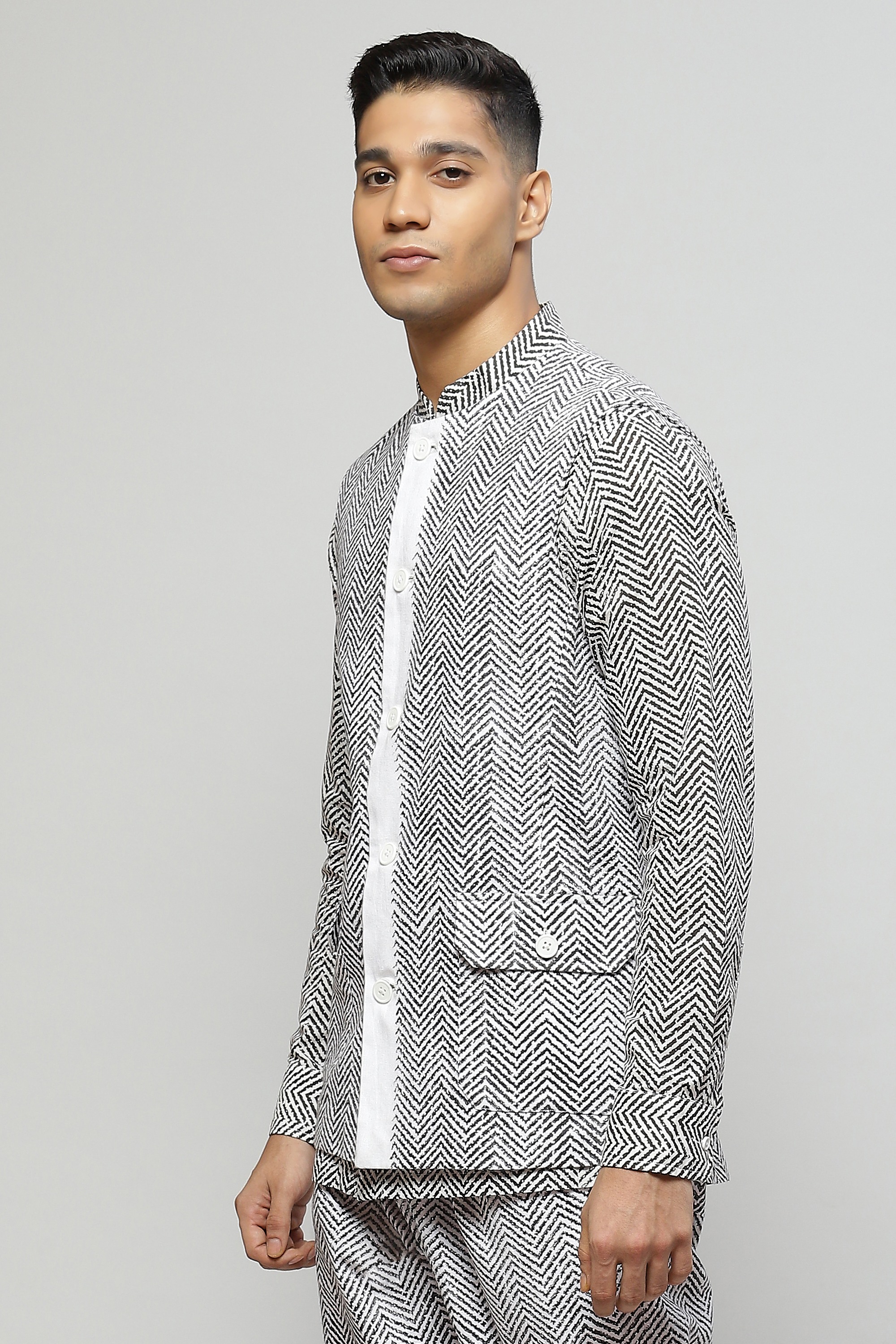 Block Printed Herringbone Bundi Ivory Waistcoats | Abraham & Thakore