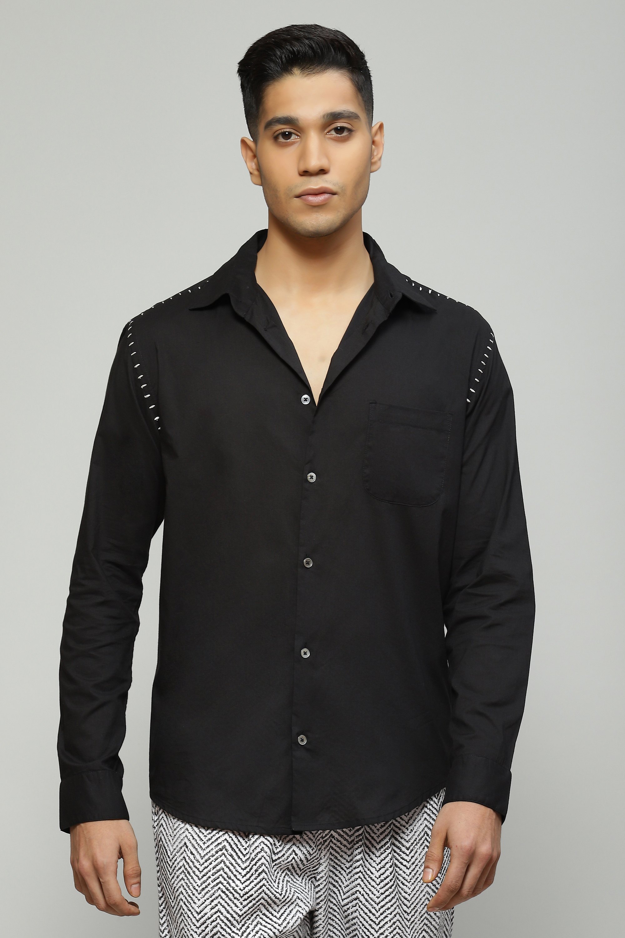 Stab Stitch Embroidered Shirt Black