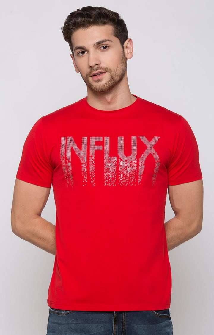 Men's Red Cotton Typographic Printed Regular T-Shirt