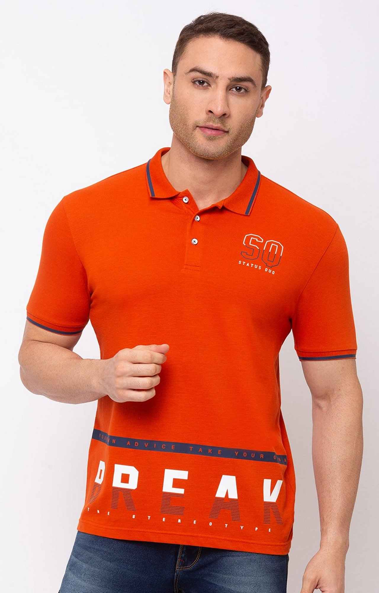 Men's Orange Cotton Printed Polos