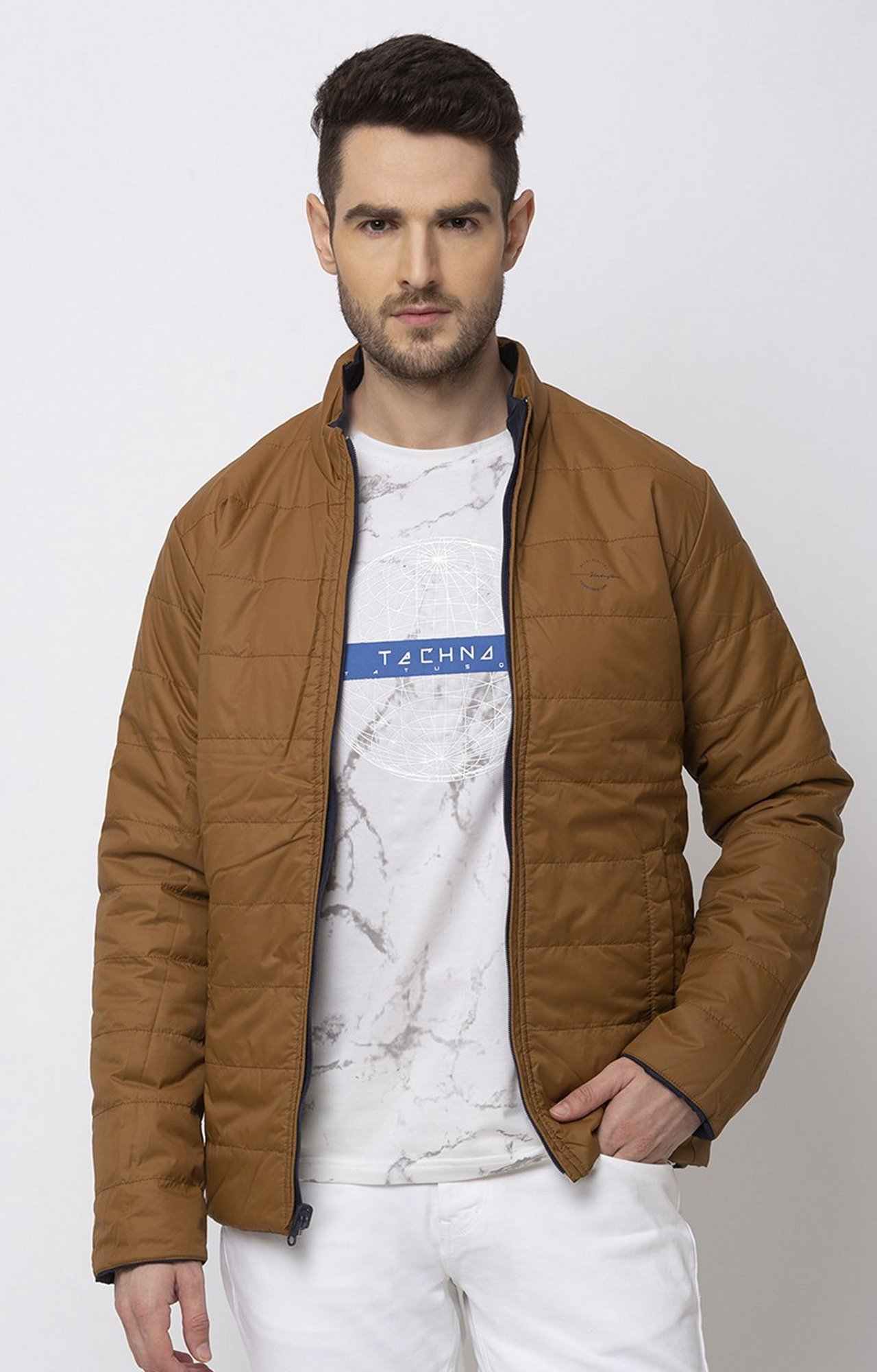 Men's Brown Polyester Solid Bomber Jackets