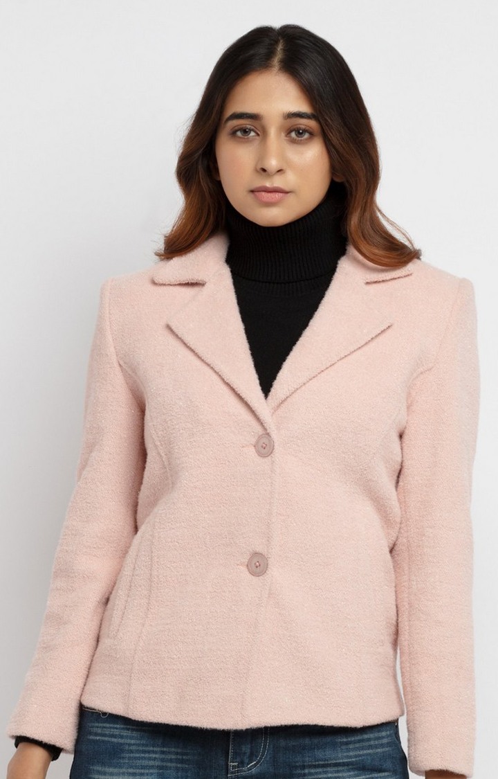 Women's Pink Polyester Solid Coat