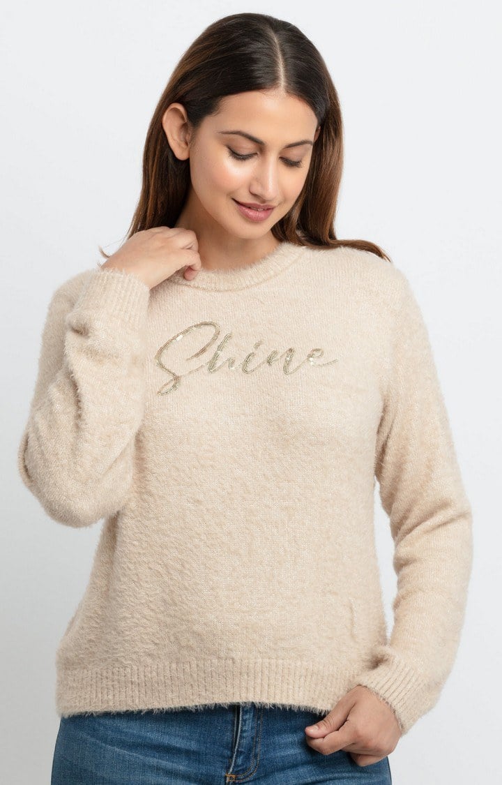 Women's Beige Acrylic Solid Sweaters
