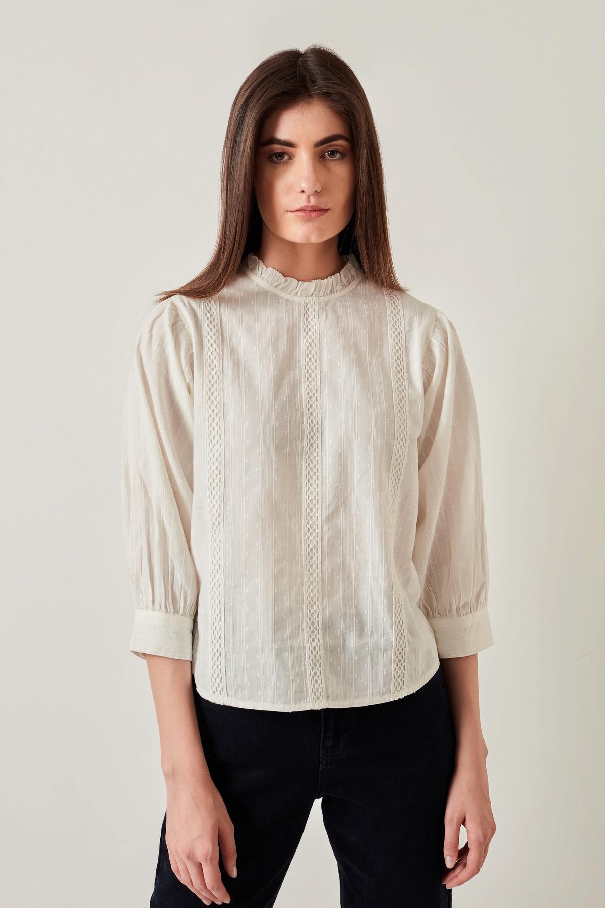 Demure White Lace Insert Blouson