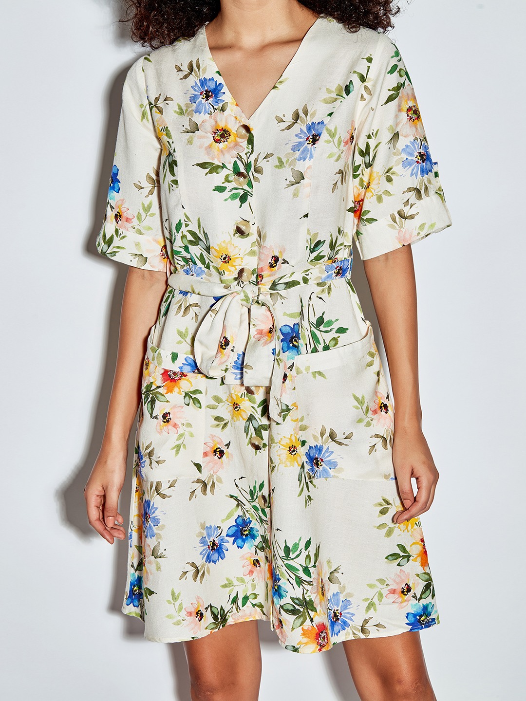 White Floral Linen Dress