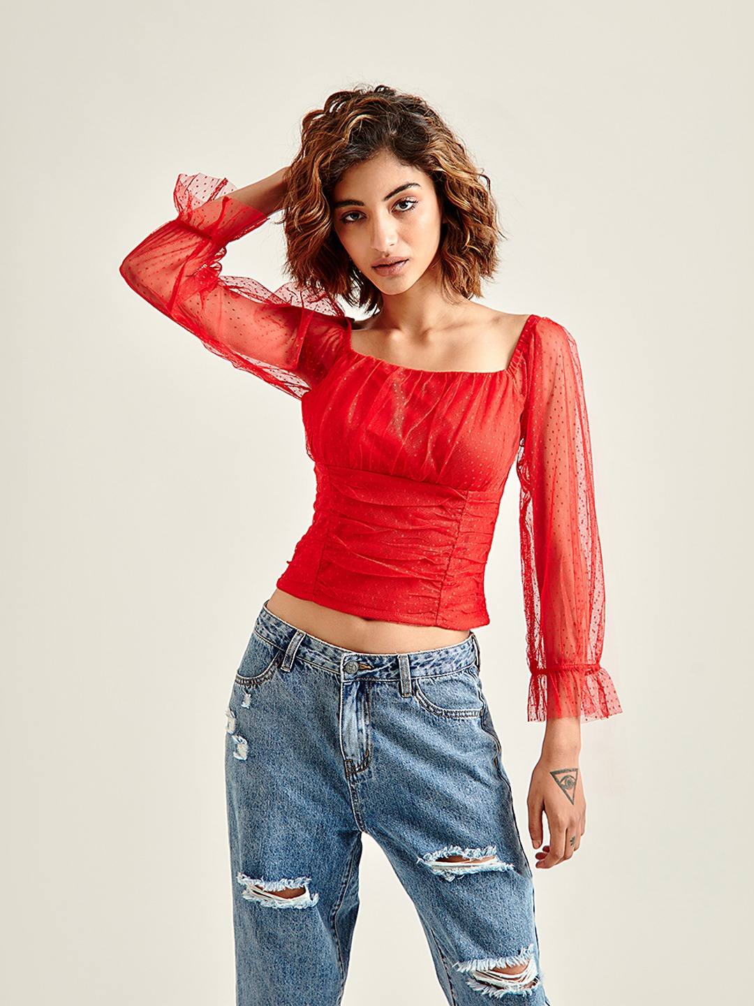 Gorgea Red Smocking Crop Top