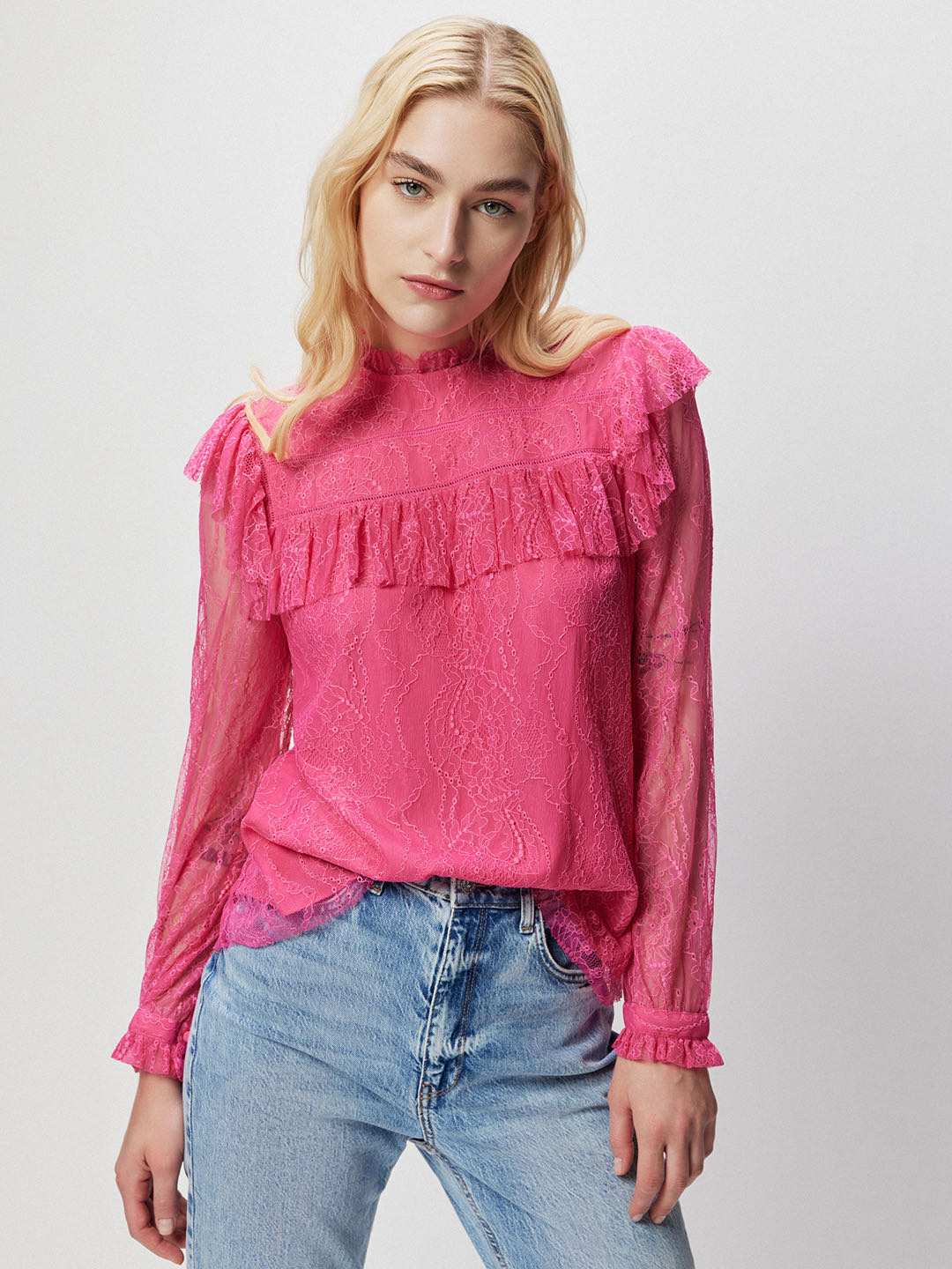 Fuchsia mesh high neck top