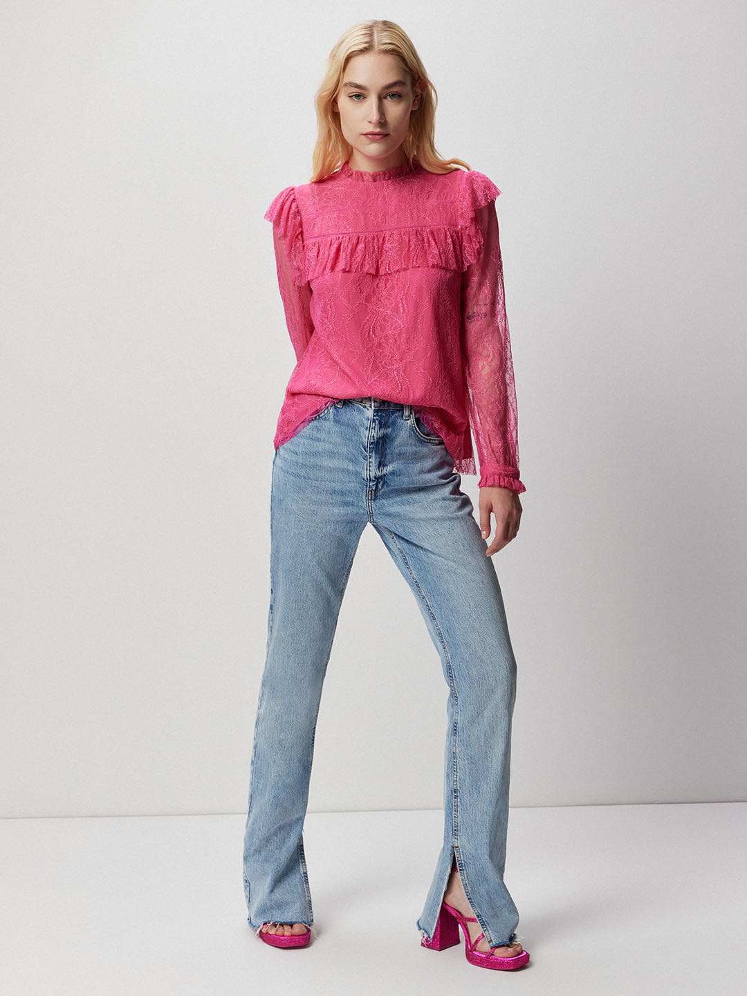 Fuchsia mesh high neck top
