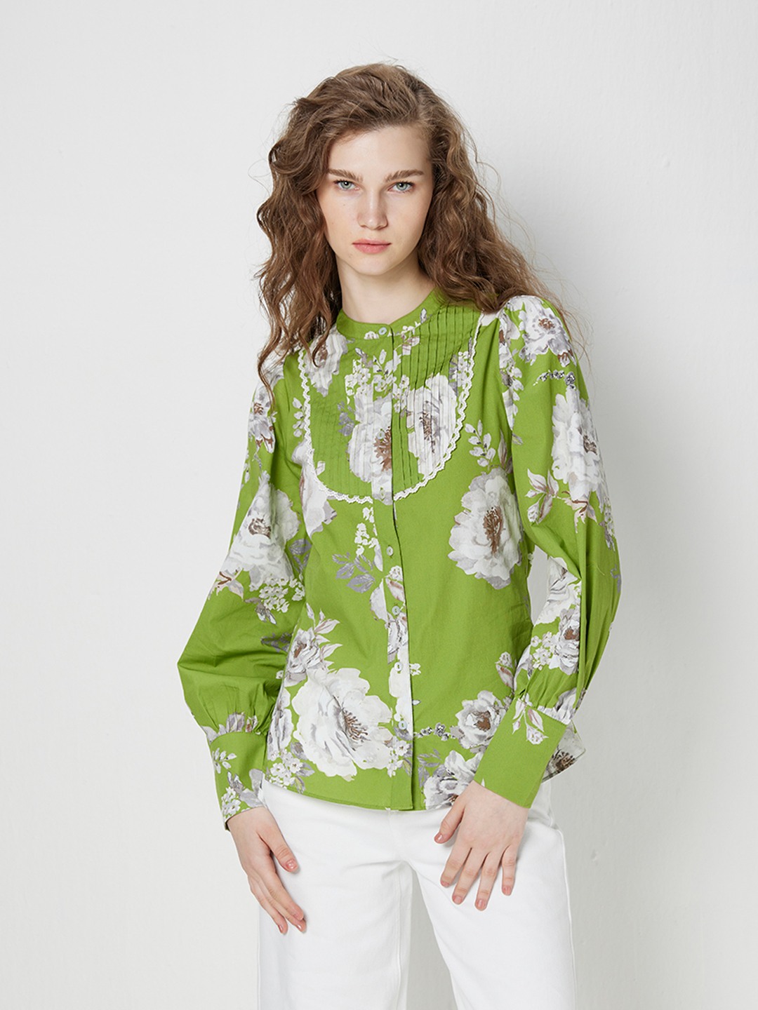 Green Floral Pintuk Shirt
