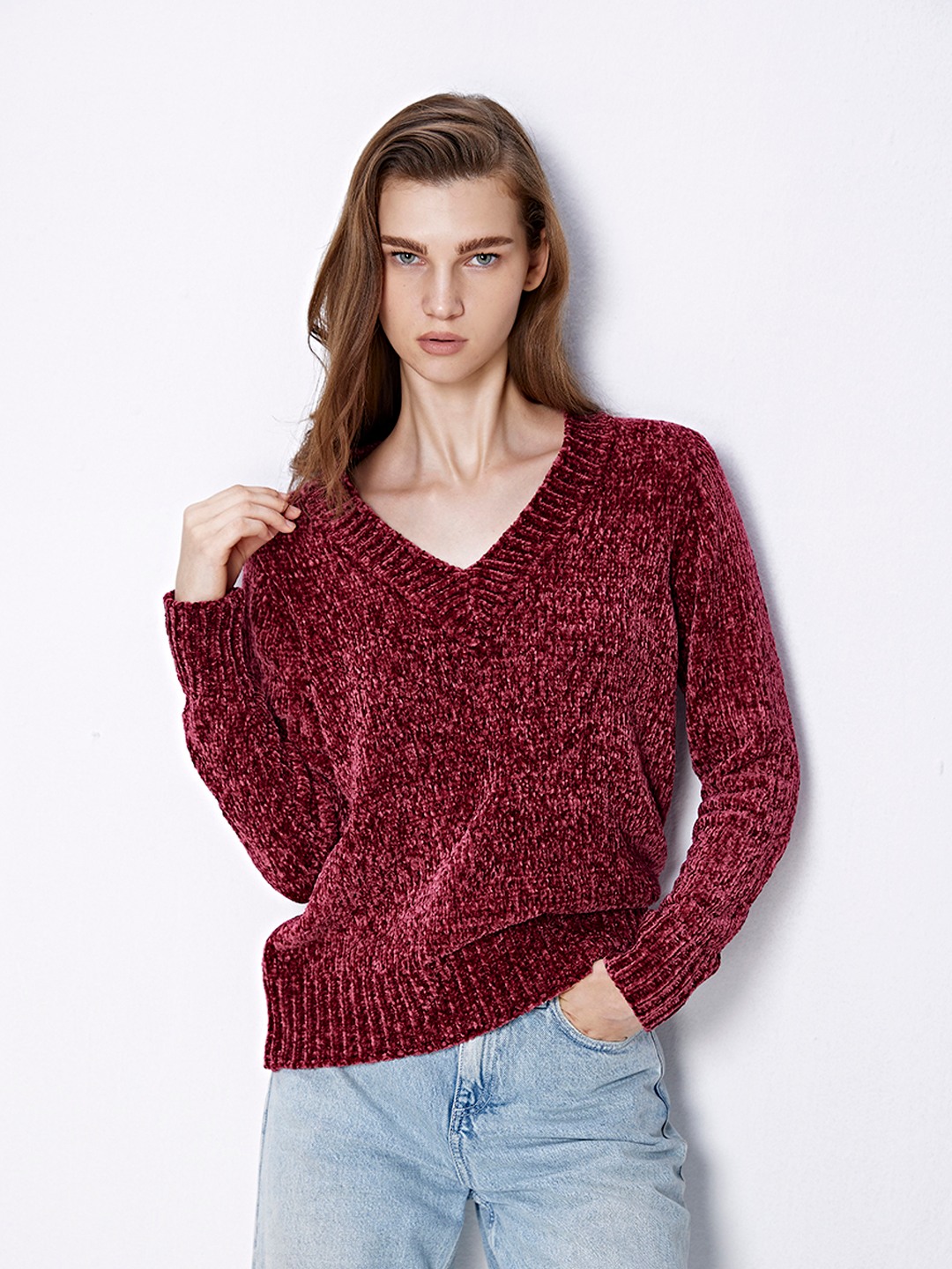 Wine v-neck longline sweater