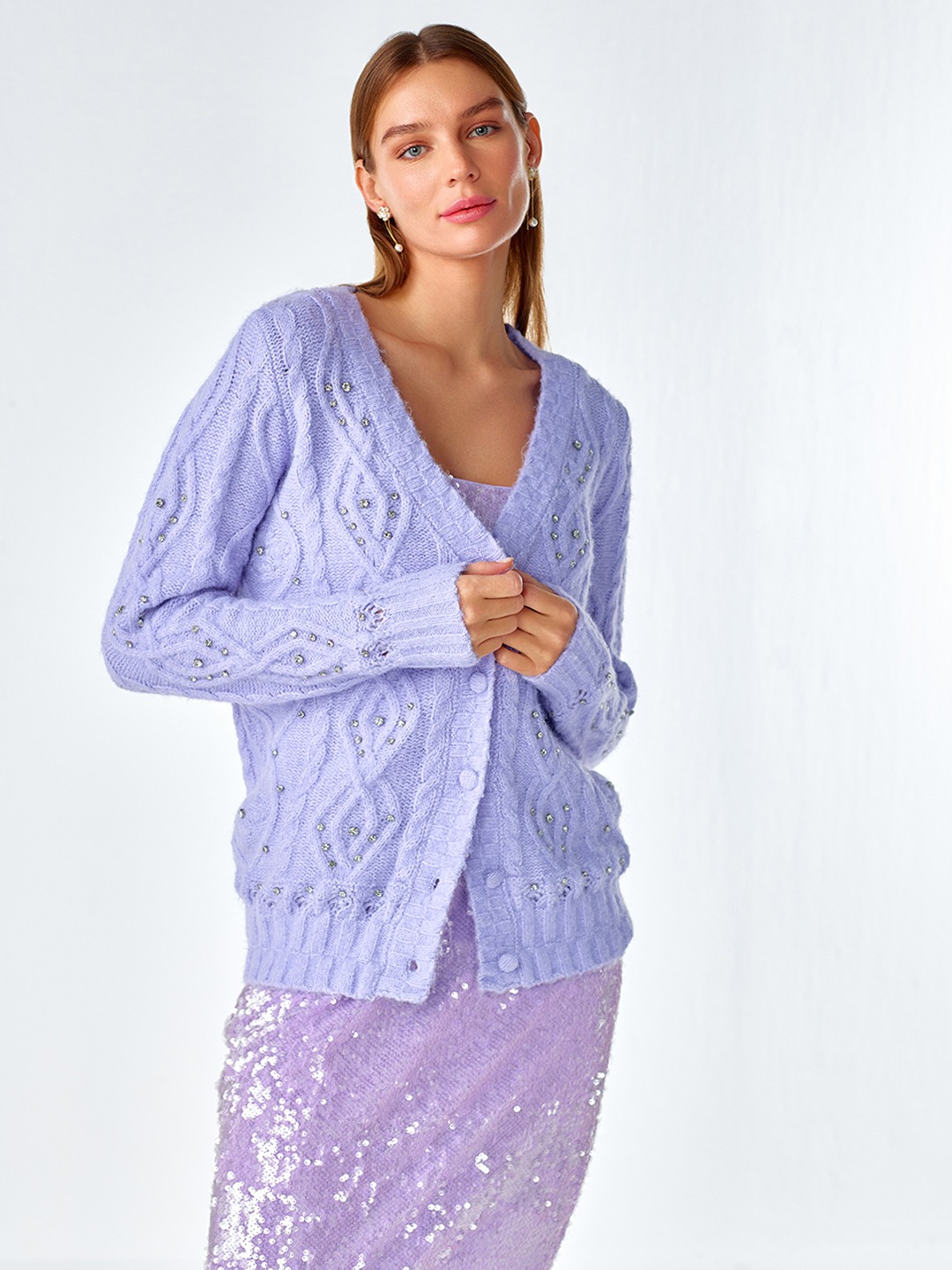 Lavender V Neck Buttoned Cardigan