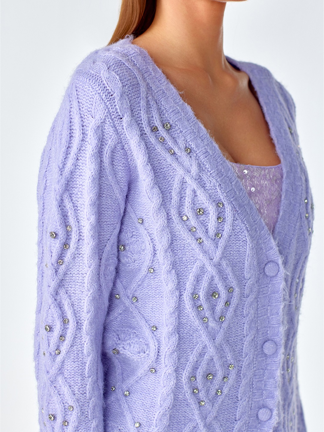 Lavender V Neck Buttoned Cardigan