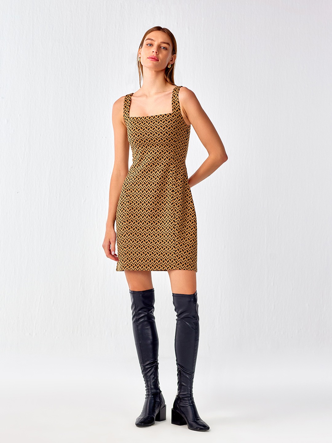 Brown Geo Print Jacquard Dress