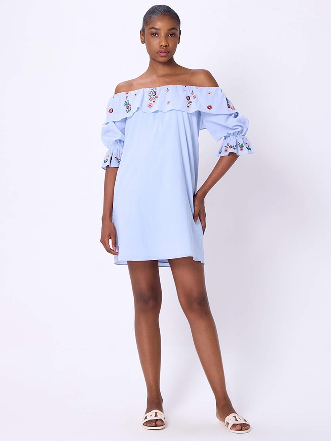 Blue Emroidered Shift Dress