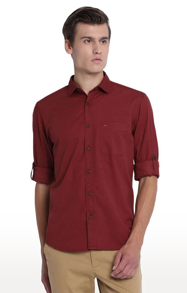 Men's Red Cotton Solid Casual Shirts
