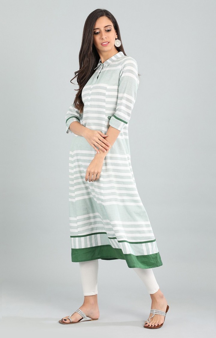 Women's Green Cotton Striped Kurtas