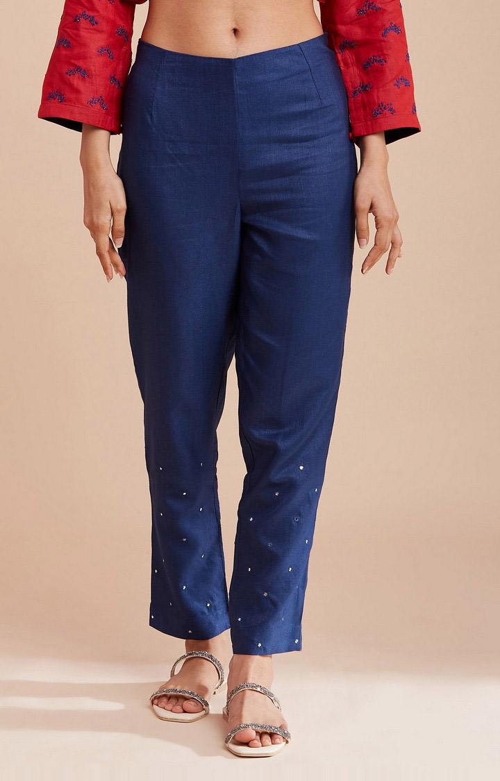Women's Blue Silk Solid Ethnic Pants