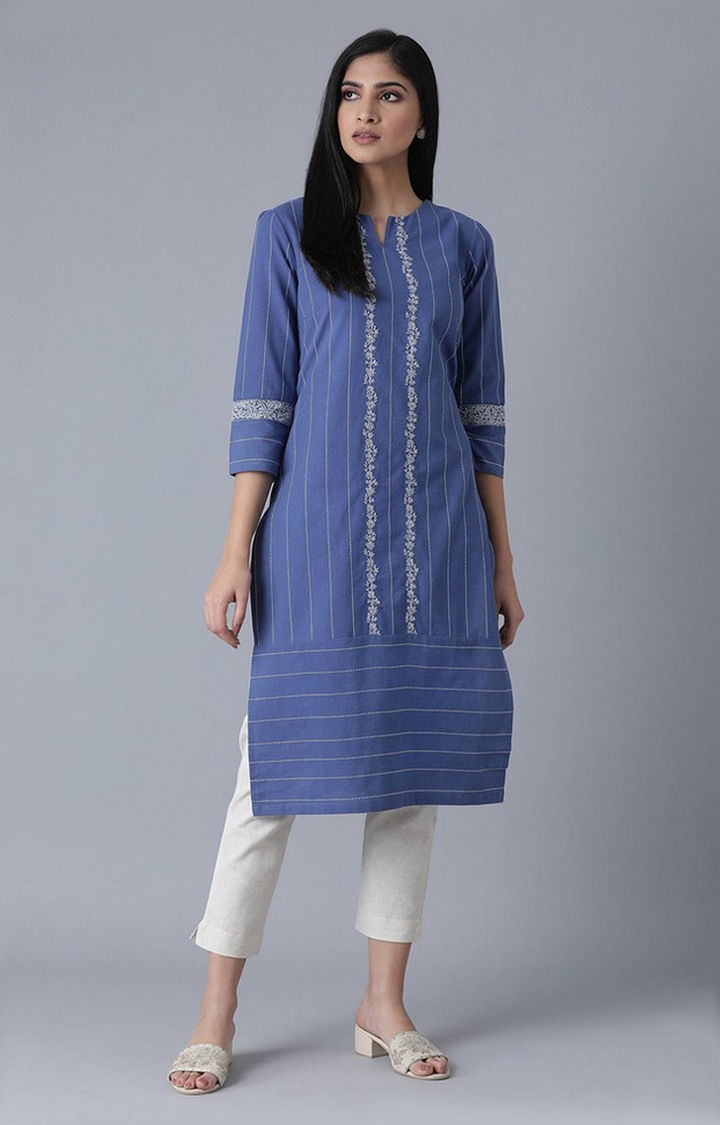 Women's Blue Cotton Blend Striped Kurtas