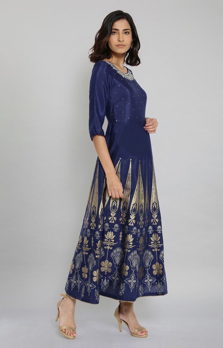 Wishful by W Navy Blue Round Neck Flared Gowns