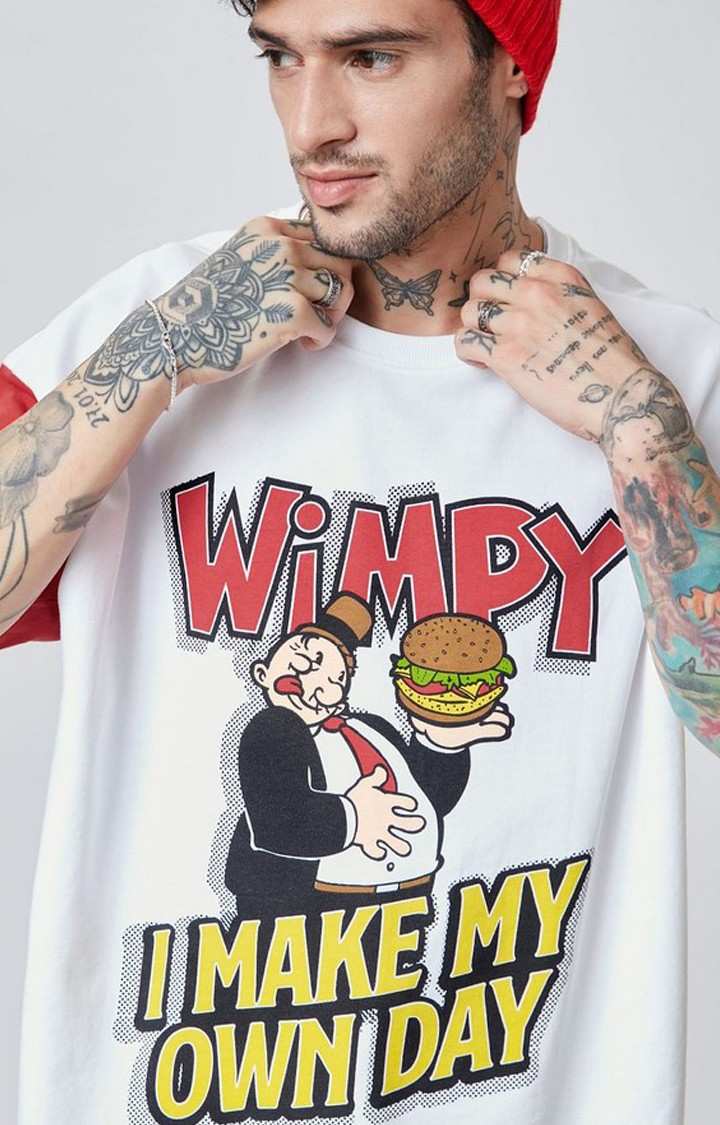 Men's Popeye: Wimpy White Printed Oversized T-Shirt