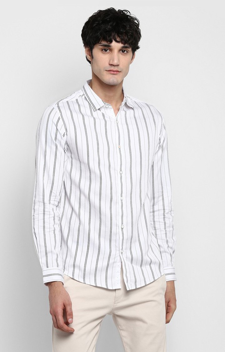 Men's White Satin Striped Casual Shirts