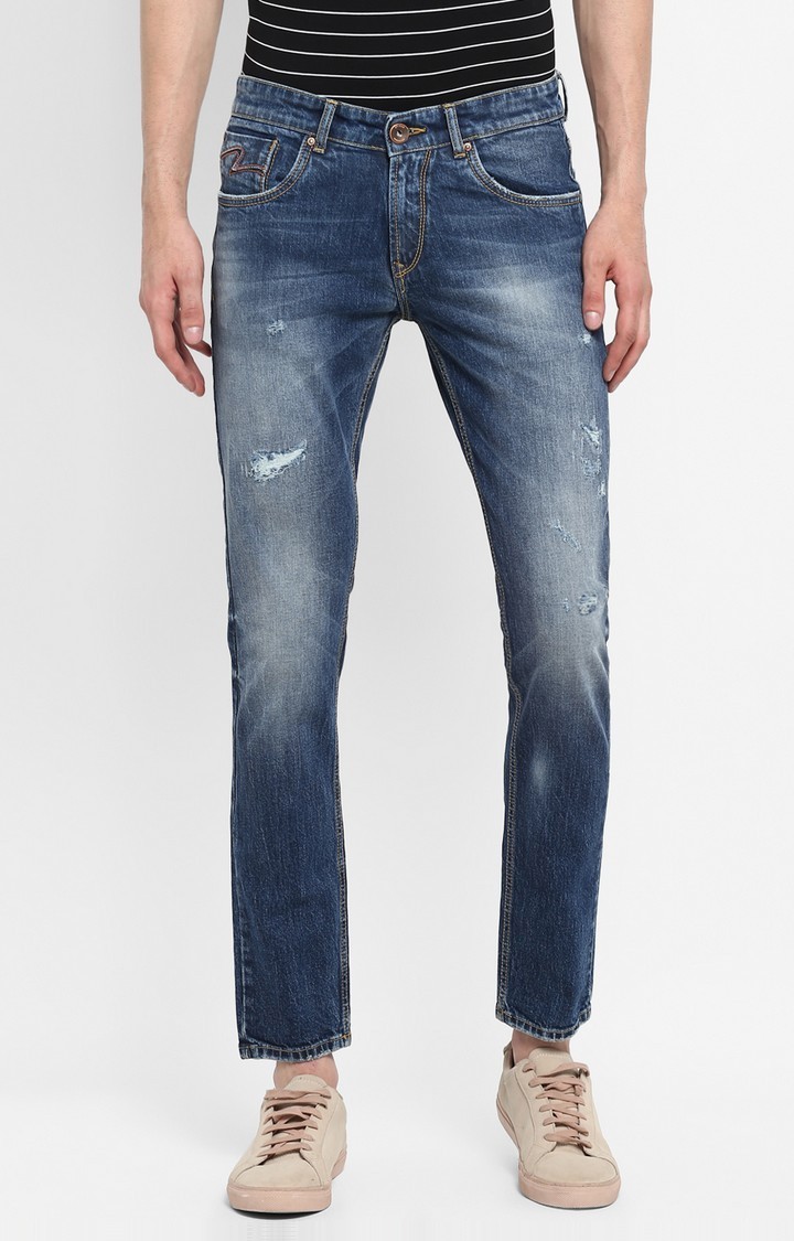 Men's Blue Cotton Ripped Ripped Jeans