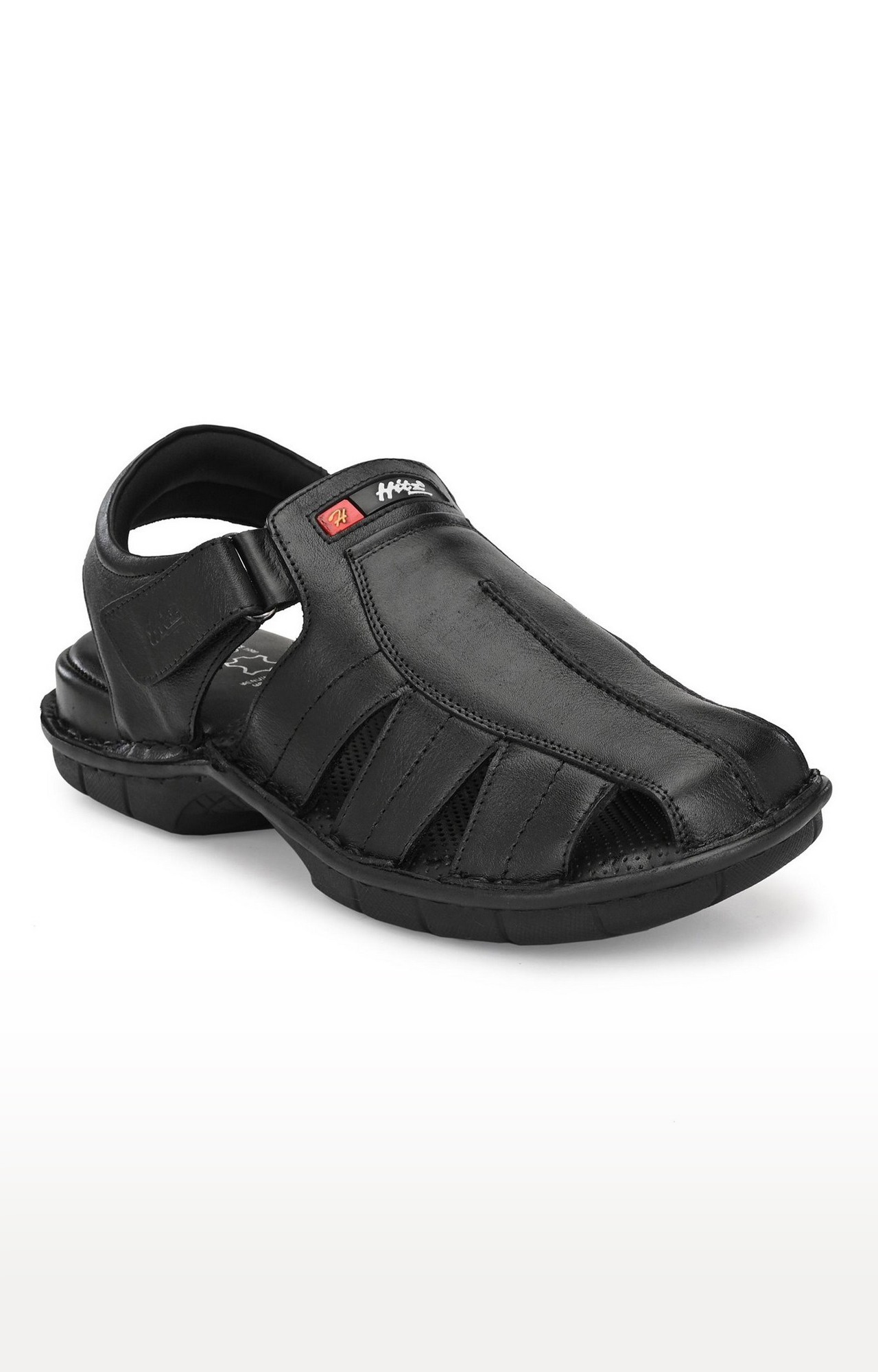 Hitz Black Genuine Leather Office Wear Sandal for Men with Velcro Fastening
