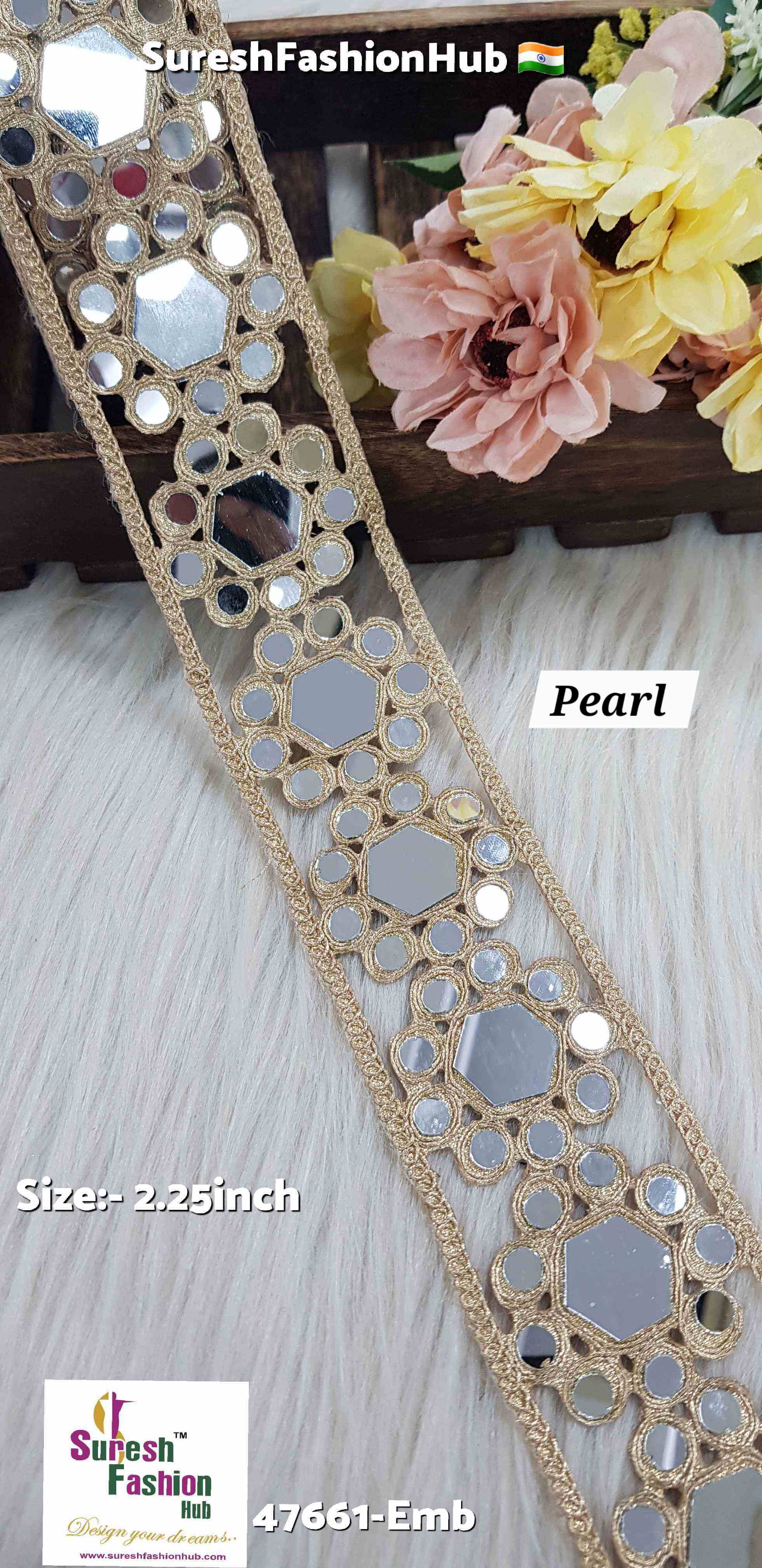 Pearl Hexagon Butta Mirror Lace - Premium Fabric with Geometric Mirrors