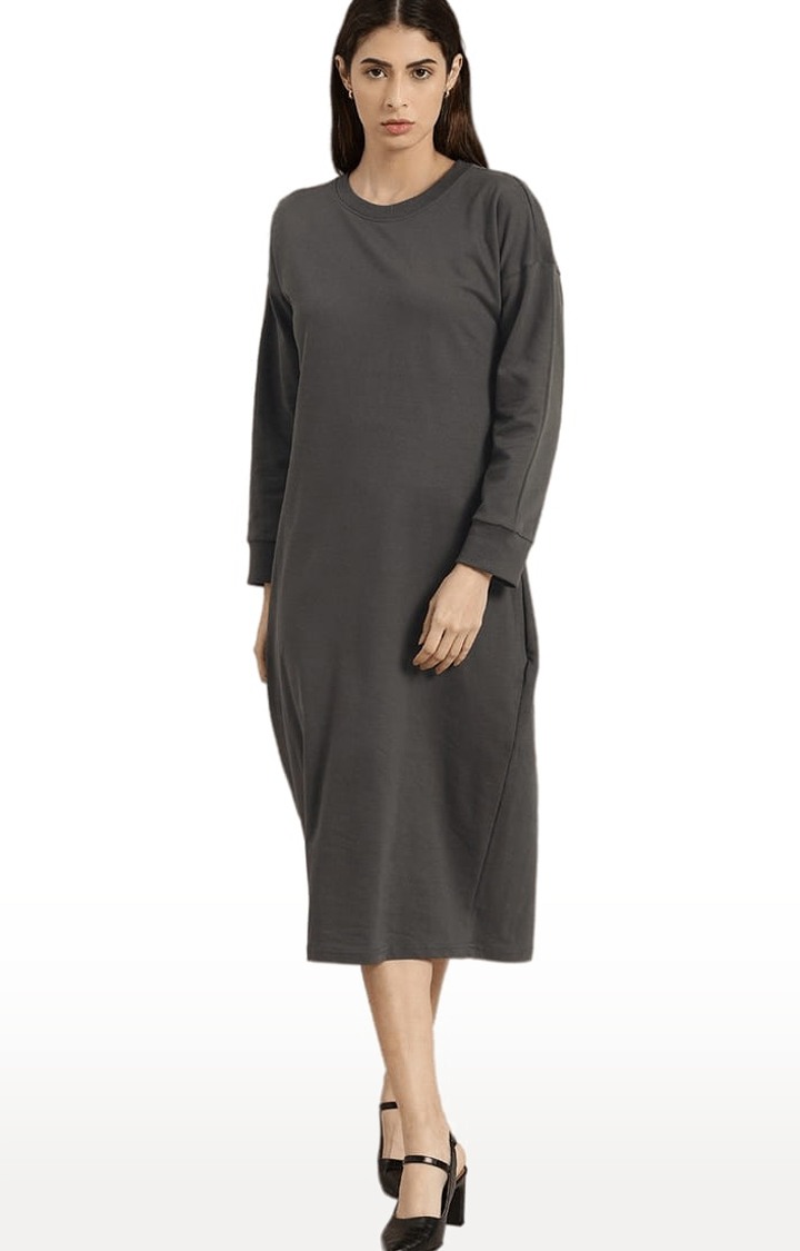 Women's Grey Cotton Solid Shift Dress