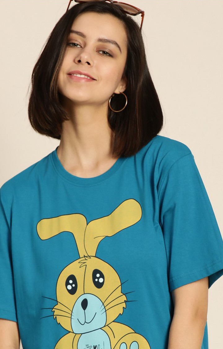 Women's Ink Blue Cotton Graphic Printed Oversized T-Shirt