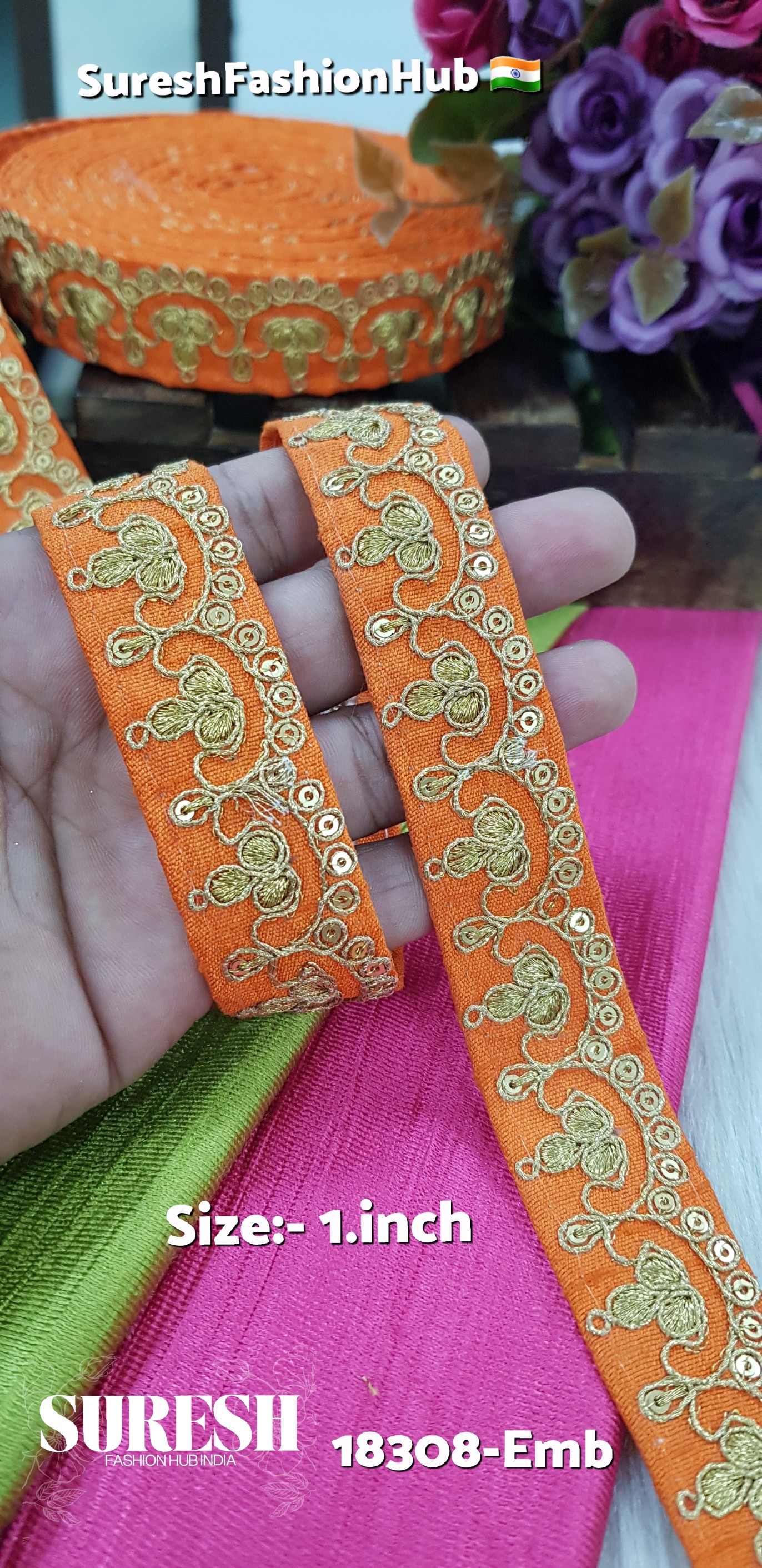 Orange Sequin, Zari & Dori Embroidery Lace – 18308-Emb | Suresh Fashion ...