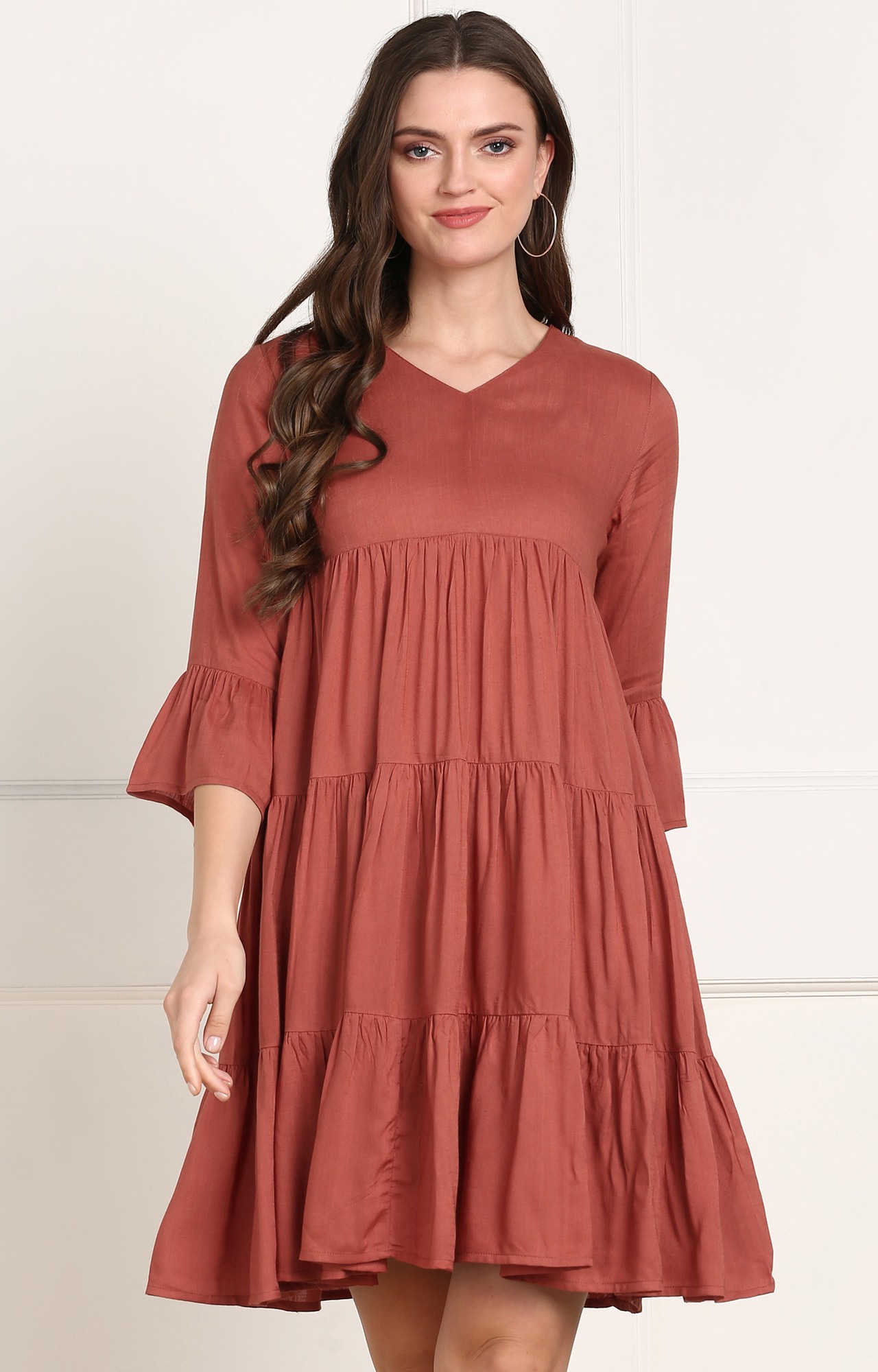Eyka Rust Solid Tiered Dress