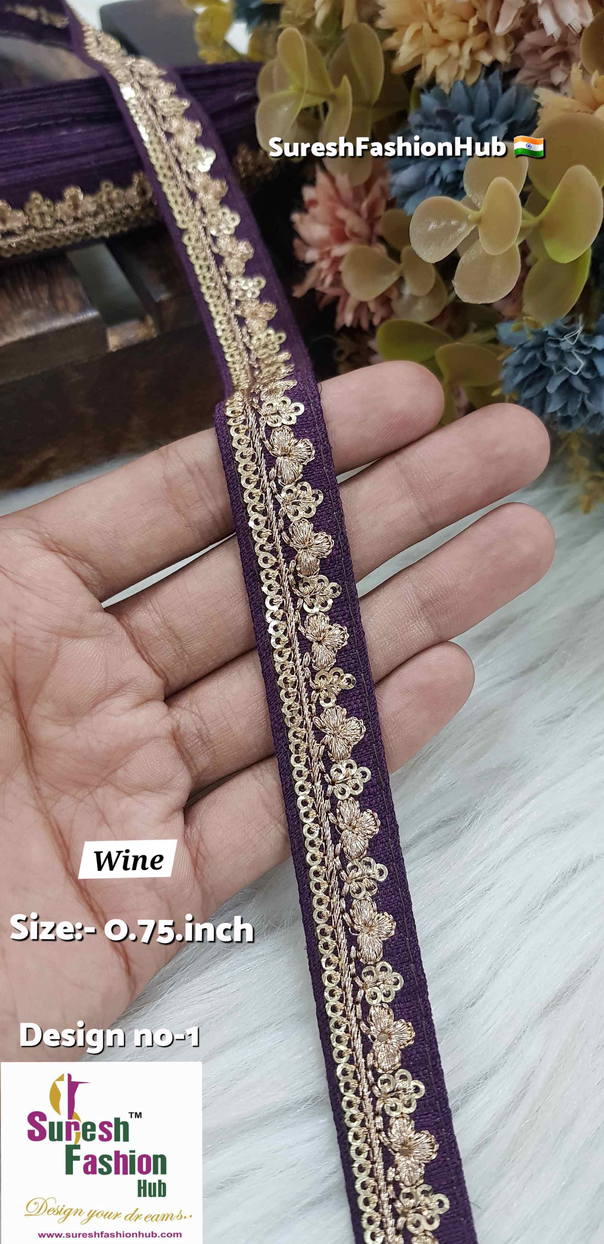 Wine Embroidered Zari and Sequence Lace Trim - Exquisite Fashion ...