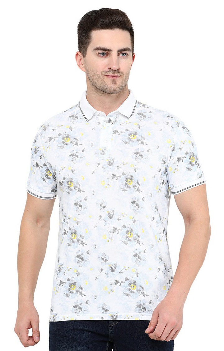 Men's White Cotton Printed Polos