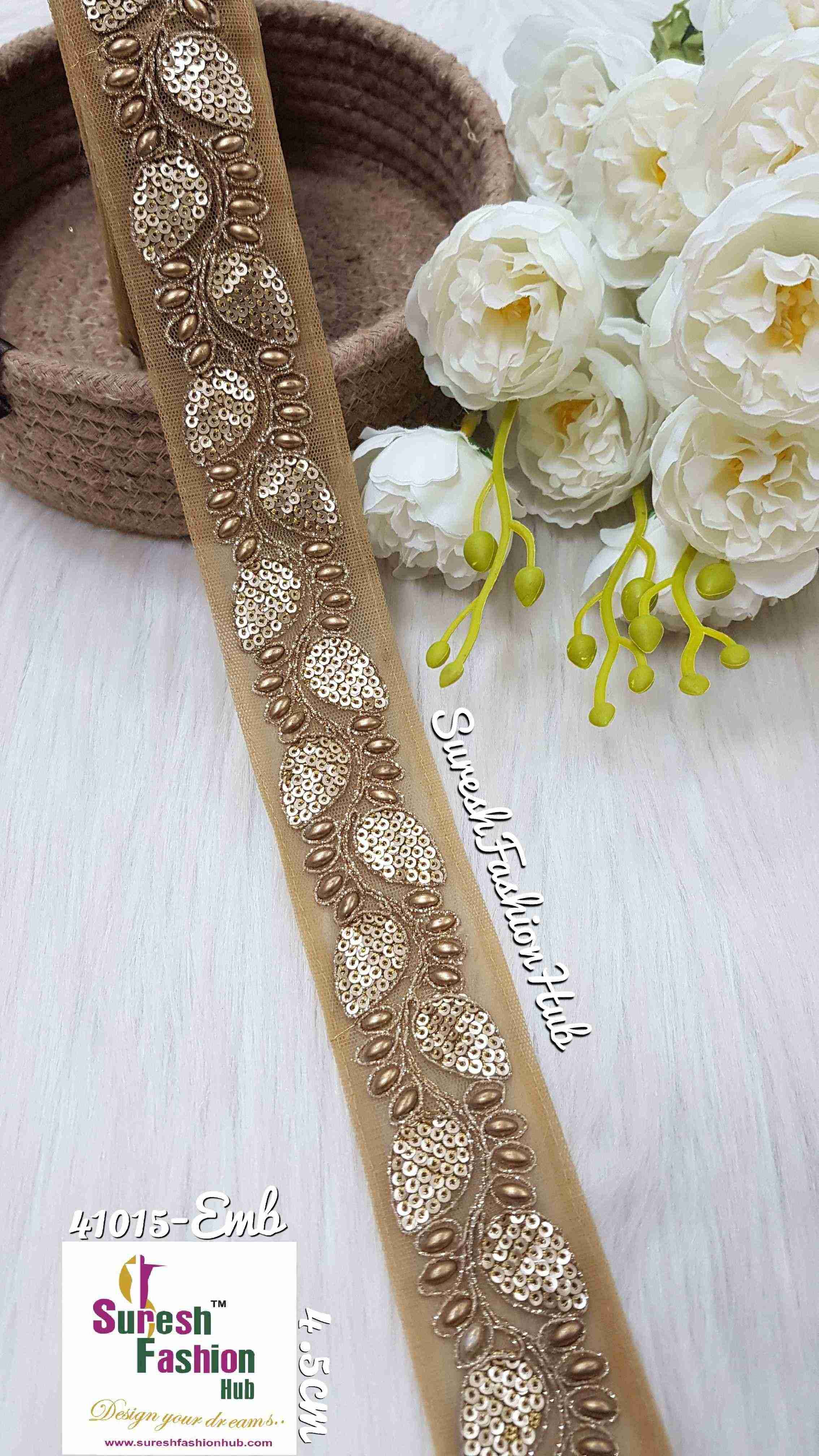 Divine Gold Leaf Sequin Net Embroidery Design Trim